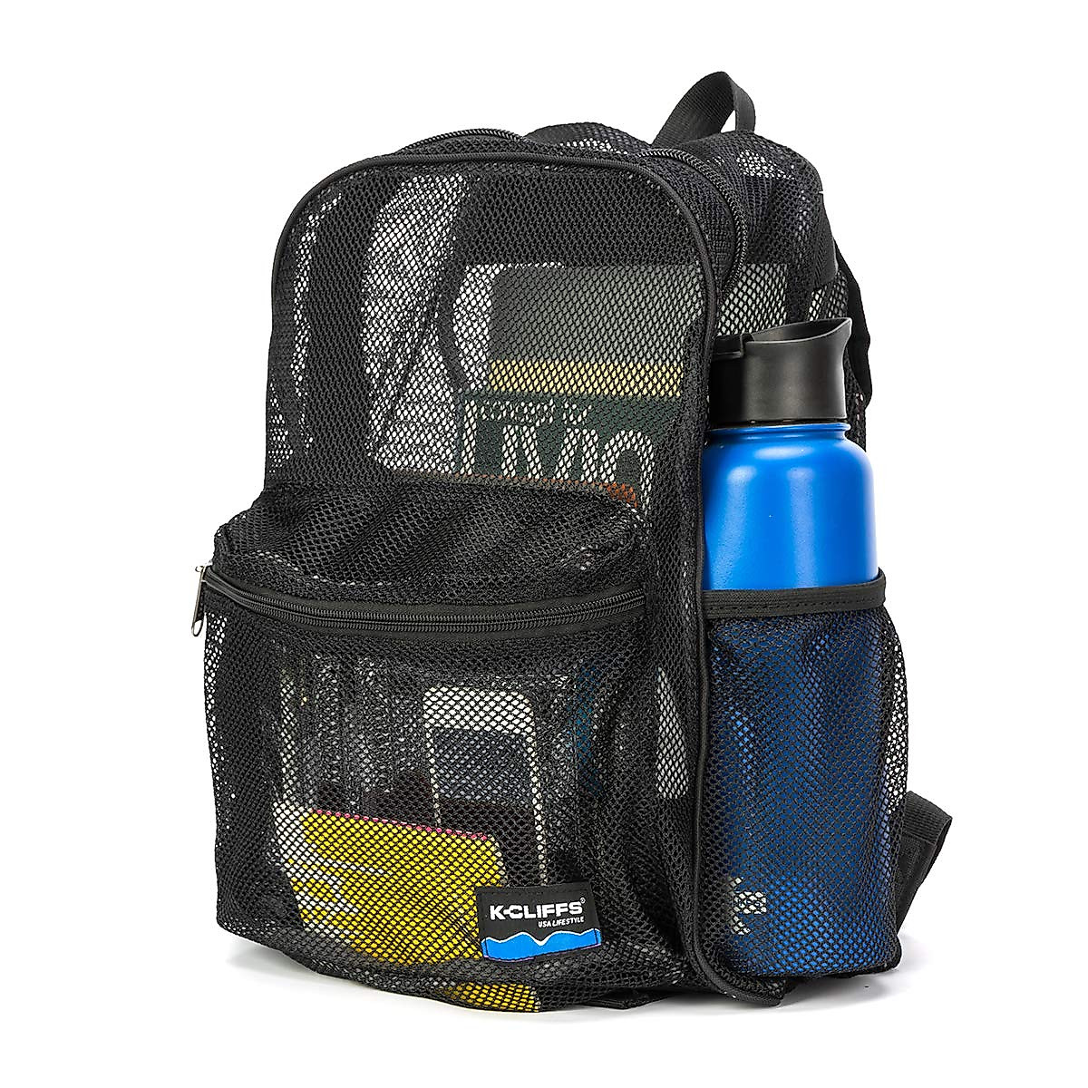 K-Cliffs Heavy Duty Classic Gym Student Mesh See Through Netting Backpack | Padded Straps | Black
