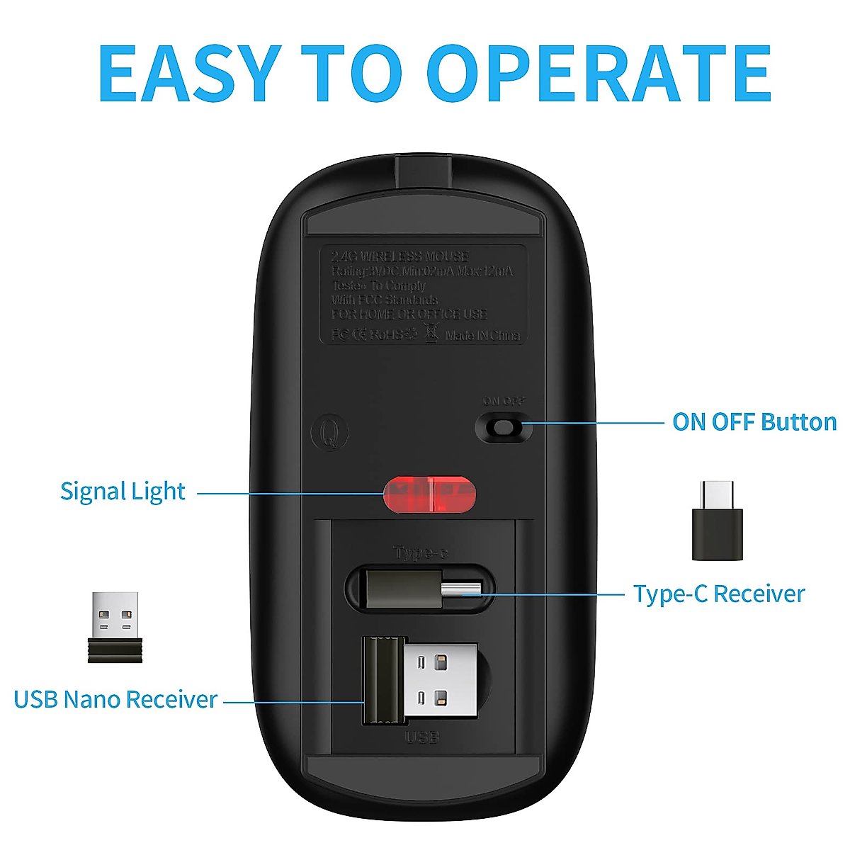 ABL-MOUSE Wireless Mouse, 2.4Ghz Silent Computer Office Portable Slim Optical Mouse with USB Receiver Adjustable DPI for Laptop, Computer, MacBook, Notebook, PC (Black)
