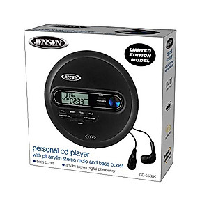Jensen CD-65 Portable Personal CD Player CD/MP3 Player + Digital AM/FM Radio + with LCD Display Bass Boost 60-Second Anti Skip CD R/RW/Compatible Sport Earbuds Included (Black Limited Edition Series)