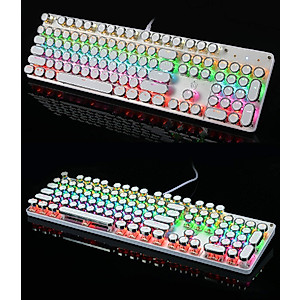 YSCP Typewriter Style Mechanical Gaming Keyboard LED Backlit Wired with Blue Switch Retro Round Keycap 104 Keys Keyboard (White 104 Keys LED)