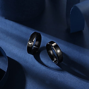 Customized Engagement Wedding Ring Matching Rings for Couples Sun and Moon Ring Promise Couple Ring Personalized Band Sets for Him and Her Stainless Steel High Polished Comfort Fit Black (1)
