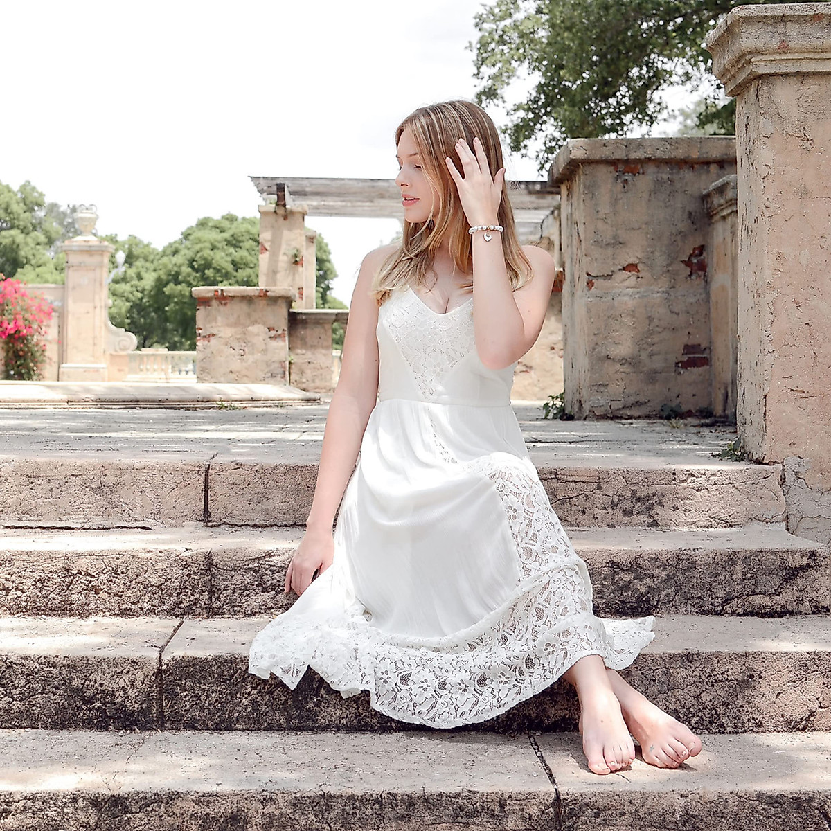 White Rose Beaded Bracelet, Cubic Zirconia