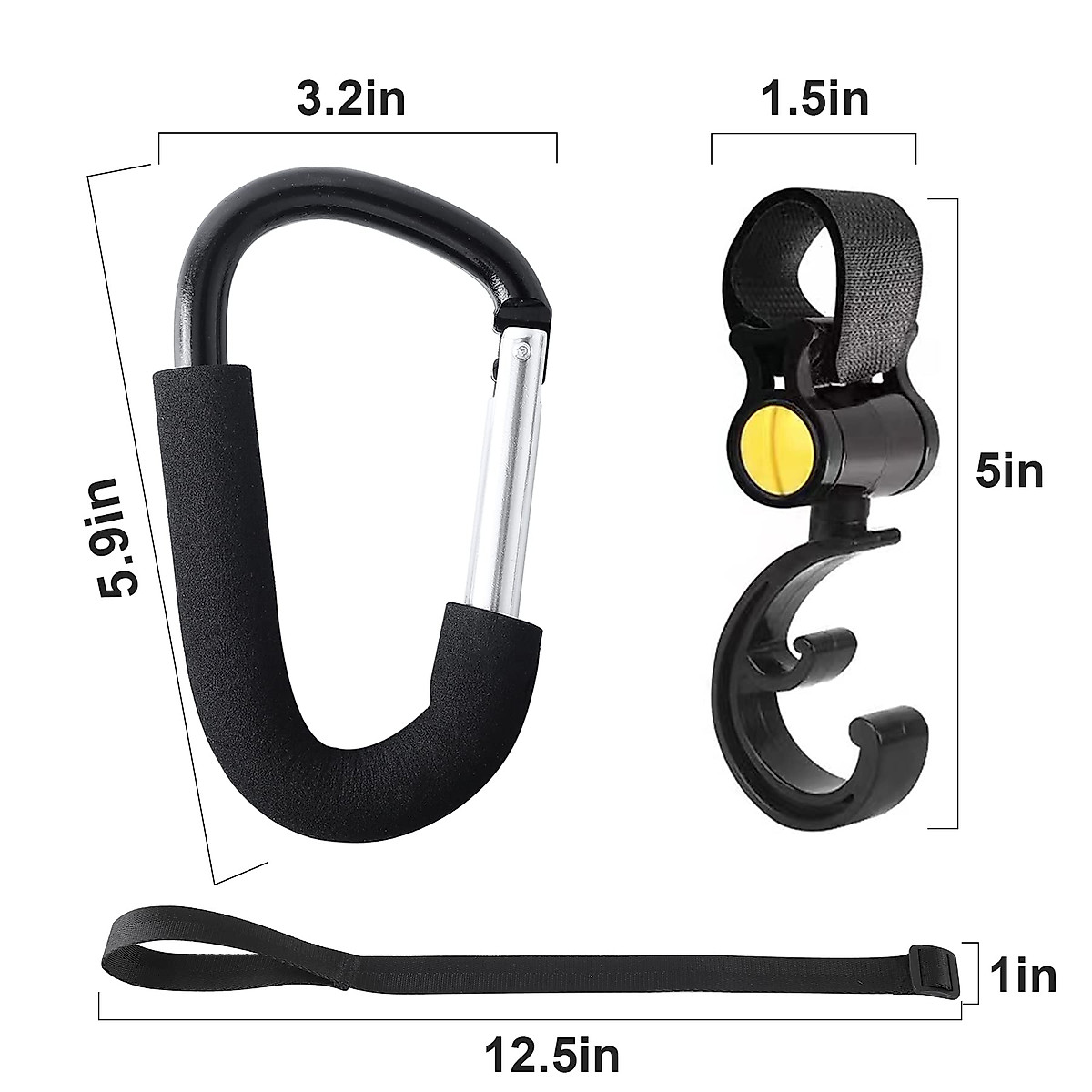 Stroller Hooks, Stroller Accessories Organizer Clip for Diaper Bags, 360-Degree Rotating Mommy Hook Holder for Stroller Bag, Shopping Cart, Grocery Bag with Stroller Wrist Strap Handle, Pack of 6