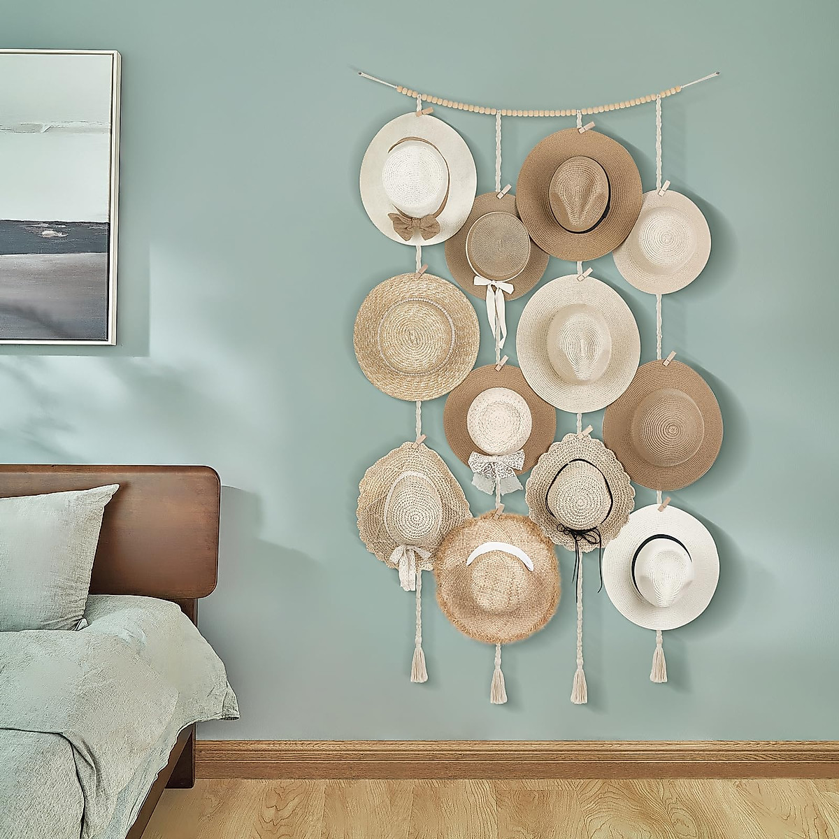 Mkono Hat Rack Hat Hangers for Wall Boho Macrame Hat Holder with Decorative Tassels and 18 Clips Modern Cowboy Womens Caps Storage Display Organizer for Wide Brim Bowler Fedora Hat