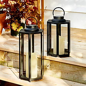 Large Solar Candle Lantern - 18 Inch Tall, Glass Panels, Matte Black Metal Frame, Waterproof Flameless Pillar Candle, Dusk to Dawn Timer, Large Size for Floor or Patio, Fall Decor, Battery Included