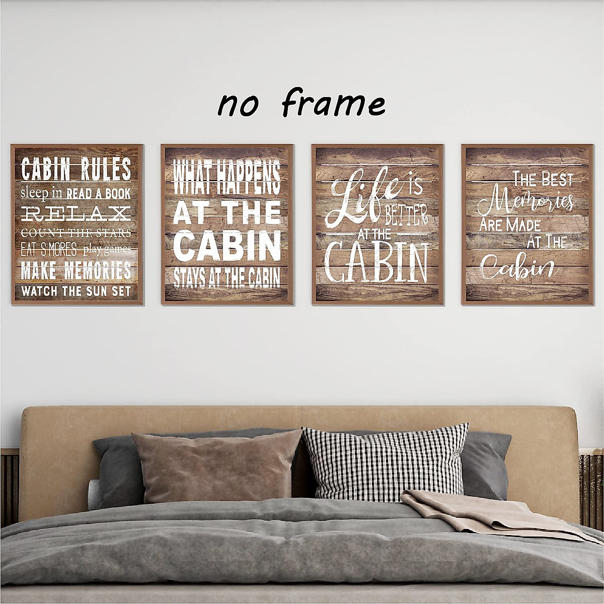 VNWEK Cabin Rules Life Is Better At The Cabin Wood Grain Wall Art Poster Prints Unframed 8”x10”Set Of 4,Cabin Themed Decorations for Home Cabin Front Porch Lake House Porch,Cabin Lovers Gifts