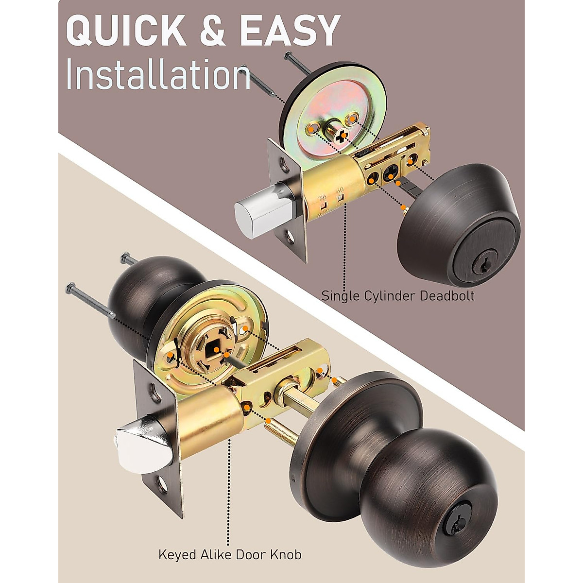 Exterior Deadbolt and Door Knob Set, Oil Rubbed Bronze Entry Door Locksets with Single Cylinder Deadbolt, 3 Pack Keyed Alike Door Lockset with Over 250000 Cycles