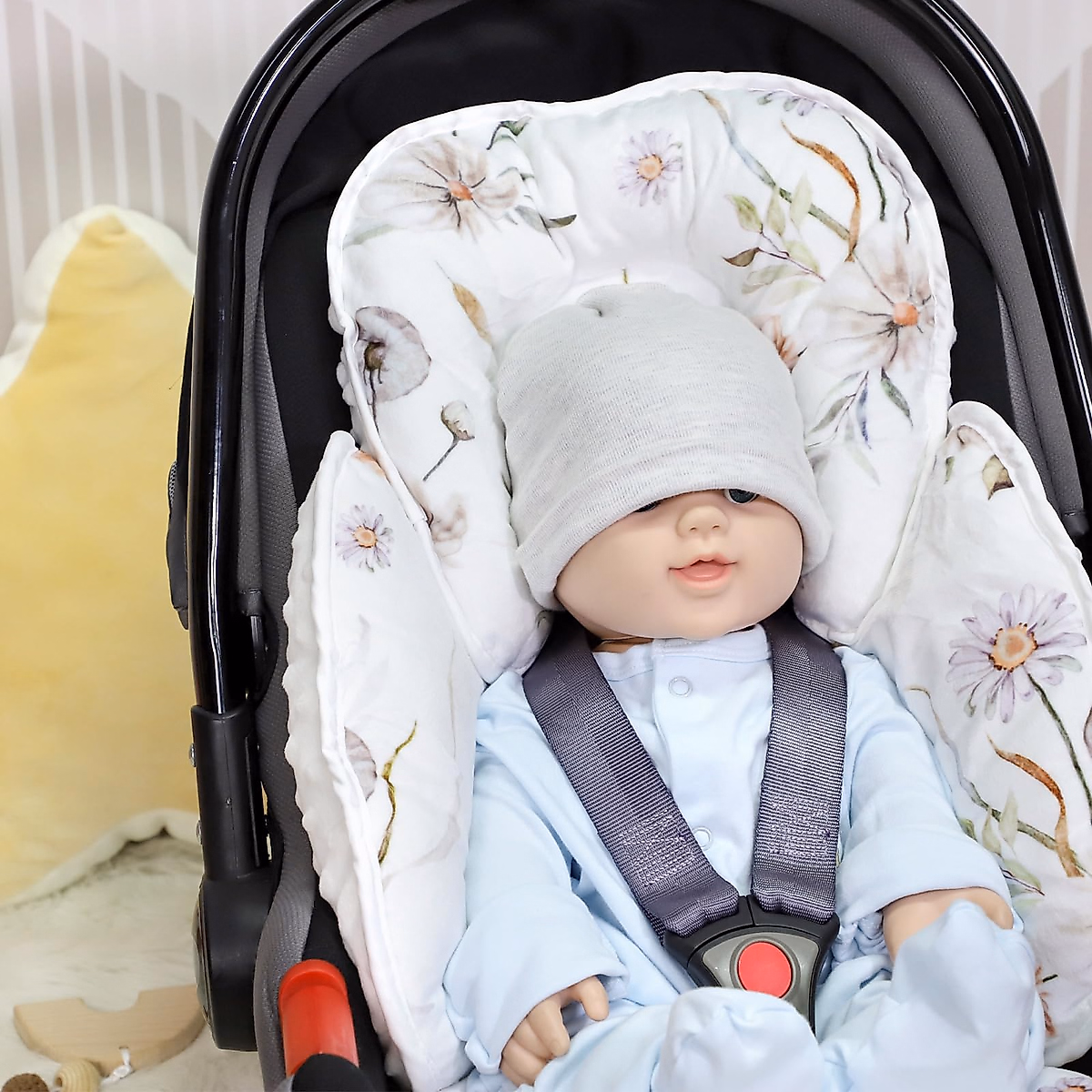 CARUILI Infant Car Seat Insert, 2 in 1 Carseat Head Support for Newborn Girl, Soft Baby Car Seat Head Body Support Cushion Pillow, Reversible & Adjustable Baby Headrest for Stroller, Swing, White