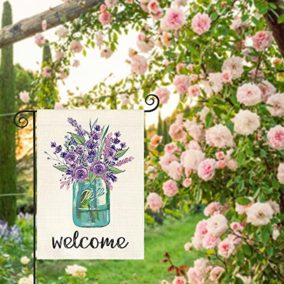 AVOIN colorlife Welcome Watercolor Flower Lavender Vase Garden Flag Double Sided, Spring Summer Holiday Yard Outdoor Flag 12 x 18 Inch