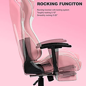 OHAHO Gaming Chair Racing Style Office Chair Adjustable Massage Lumbar Cushion Swivel Rocker Recliner Leather High Back Ergonomic Computer Desk Chair with Retractable Arms and Footrest (Pink/White)