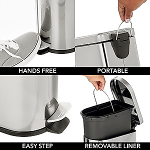 mDesign Small 2.6 Gallon/10 Liter Stainless Steel Metal Step Trash Can Garbage Bin for Bathroom, Bedroom, Office, D-Shape Trashcan w/Foot Pedal/Lid, Removable Liner Bucket w/Handles, Brushed/Chrome