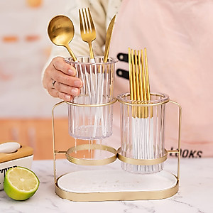 Kitchen Utensil Holder for Countertop 2 Clear White Cups with Gold Iron Frame Cooking Utensil Crock Chic Modern Cutlery Caddy Practical Utensil Pot for Counter for Fork Spoon Knife Flatware Silverware