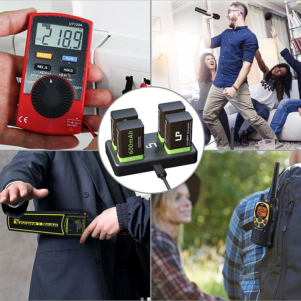 LP Rechargeable 9V Lithium Batteries - 600mAh Long Lasting LI-ion Batteries with Micro USB Charging Station - 4-Pack 9 Volt Batteries