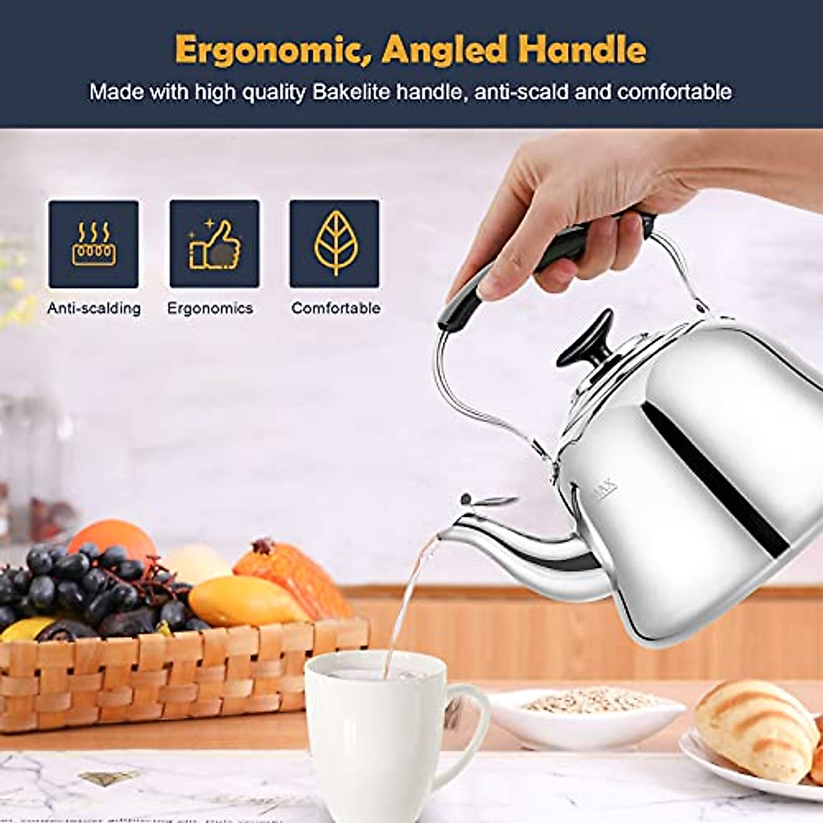 Tea Kettle Stovetop Whistling Teakettle Classic Teapot Stainless Steel Tea Pots for Stove Top with Thin Fast Heating Base, Mirror Finish, 2 liters