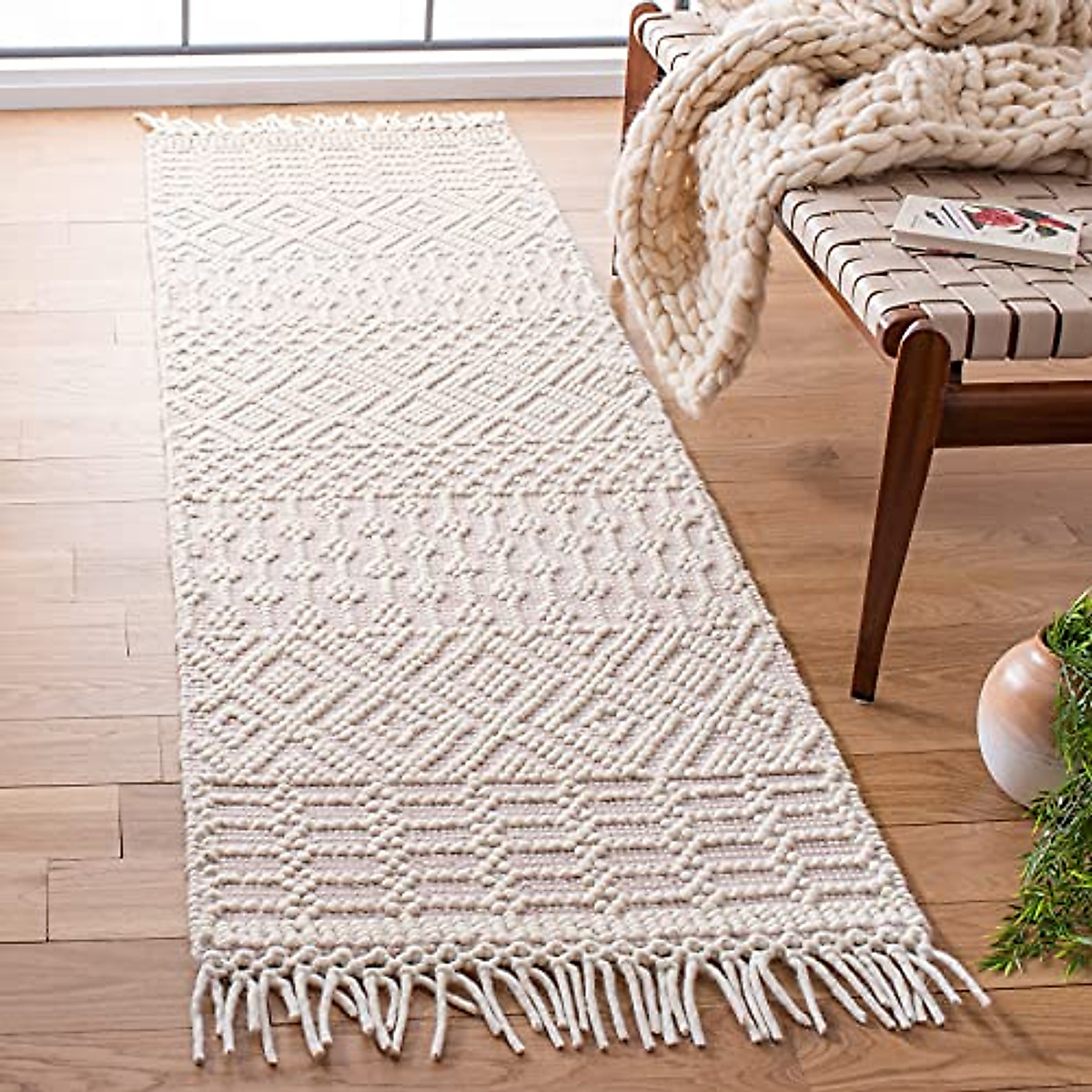 SAFAVIEH Natura Collection Runner Rug - 2'3" x 12', Ivory & Pink, Handmade Moroccan Boho Wool Fringe, Ideal for High Traffic Areas in Living Room, Bedroom (NAT852R)