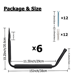 Whrsinlor Kayak Heavy Duty Storage Hooks, 15Inch Jumbo Arm Wall Mounted Canoe Storage Hanger 6 Pack Utility Organizer for Paddle Board, Surfboard, Snow Board, Wake Board