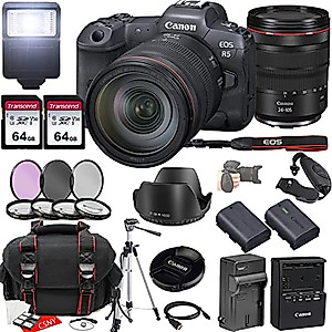 Canon EOS R5 Mirrorless Camera w/RF 24-105mm f/4 L is USM Lens + 2X 64GB Memory + Hood + Case + Filters + Tripod + More (35pc Bundle)