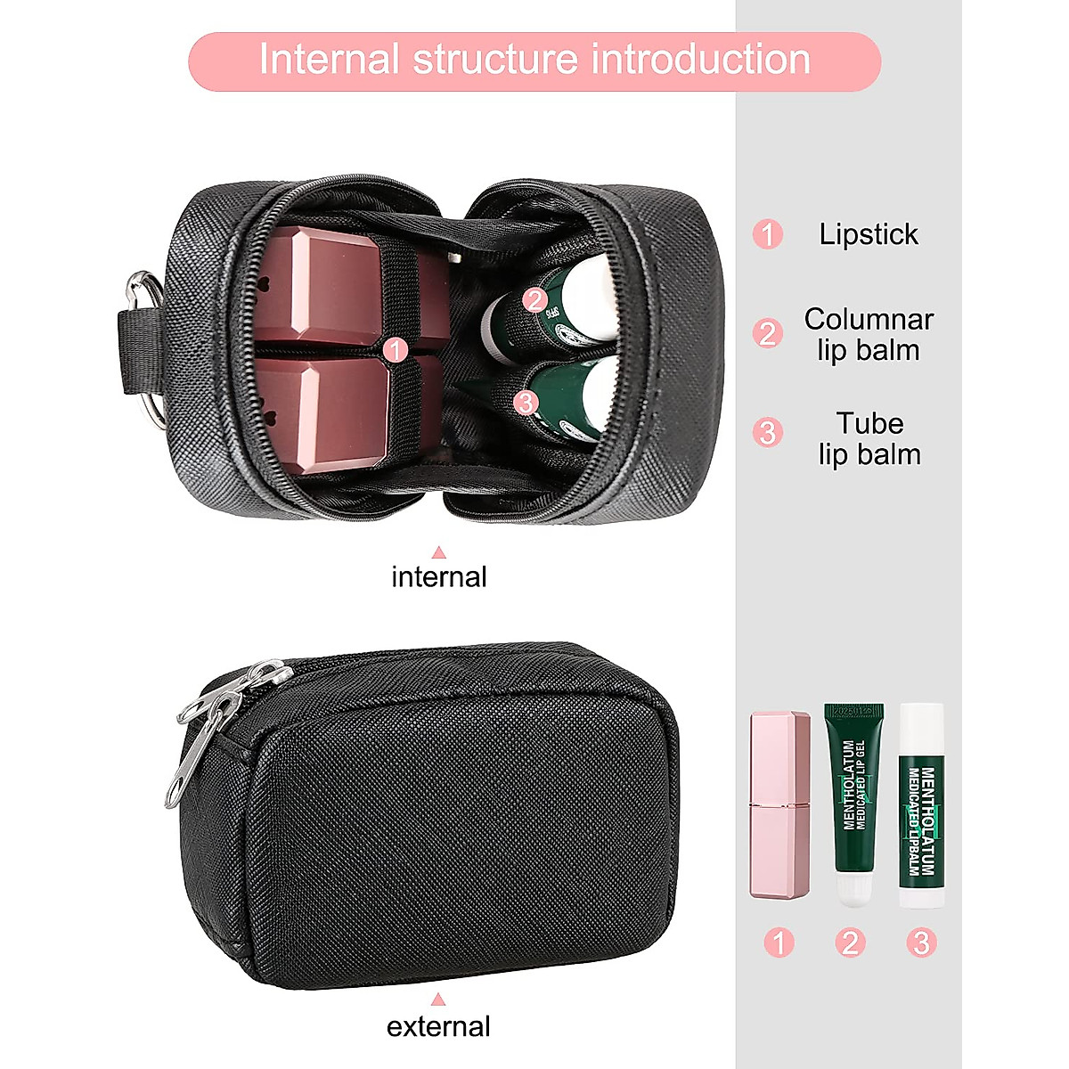 Meiiy Chapstick Holder Bag Small Lip Balm Sleeve Pouch Lipstick Portable Storage Bag Lip Gloss Case With Hook Accessories Gift for Women (balck)