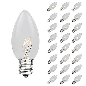 Novelty Lights Christmas Replacement Bulbs - Outdoor Individual Bulbs For Events, Holiday Parties, Patios, And More - C7/E12 Candelabra Base, 5 Watt Lights (Clear, 25 Pack)