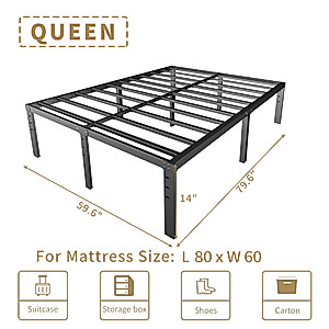 HOBINCHE 14 Inch Metal Bed Frame Queen Size No Box Spring Needed - Easy Assembly Heavy Duty Noise Free Narrow Bedframes - Double Black Basic Steel Slats Platform with Storage