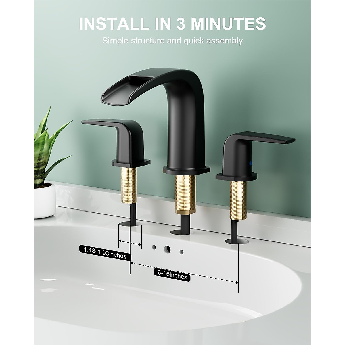 Waterfall Bathroom Sink Faucet, 3 Hole Matte Black Brass Modern Deck Mount 2 Handle Vanity Faucet with Metal Pop-up Drain Stopper & Water Supply Hoses