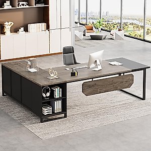 Tribesigns 70.8-Inch Executive Desk with 55-Inch File Cabinet, Large L Shaped Computer Desk with Storage Cabinet and Shelves, Industrial L-Shaped Desk for Home Office, Retro Gray & Black