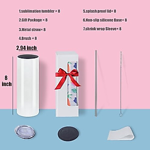 MICLAXYS 8 Pack Sublimation Tumblers 20 Oz Skinny Straight, Stainless Steel Sublimation Tumblers Blank, Individually Gift Boxed, Insulated Tumbler Sublimation (8)