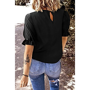 Dokotoo Womens Elegant Puff Short Sleeve Crewneck Chiffon Summer Tops, Casual Loose Office Work Shirts - Black Medium