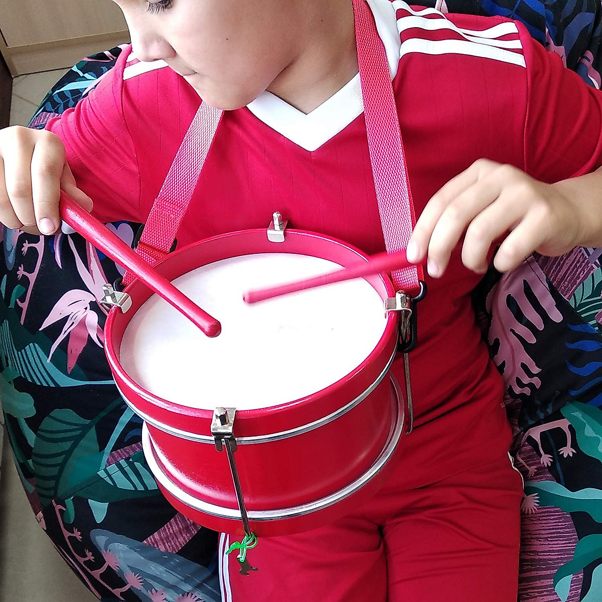 Tunable Marching Drum for Kids - Wooden Frame - Plastic Head, Wood Sticks - Adjustable Strap - 9-inch Snare Drum for Children