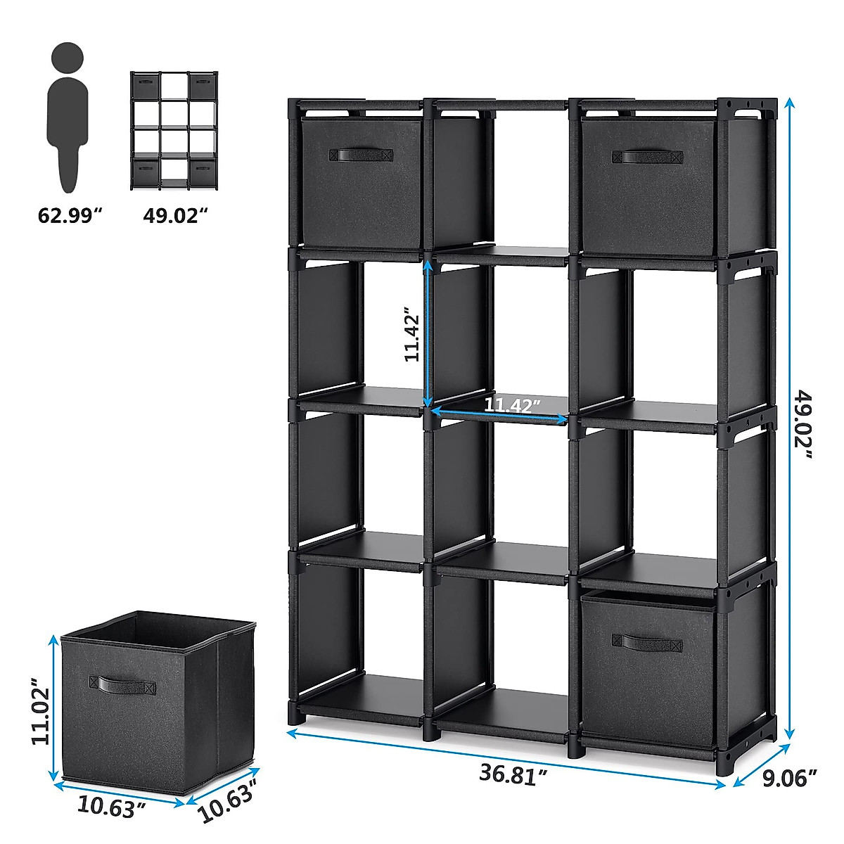 Tribesigns 12 Cubes Storage Organizer DIY Storage Shelves Stackable Open Bookshelf with 4 Cube Storage Bins with Handle Organizer 10.5" x 10.5" for Closet Rack Cabinet Bedroom Livingroom, Black