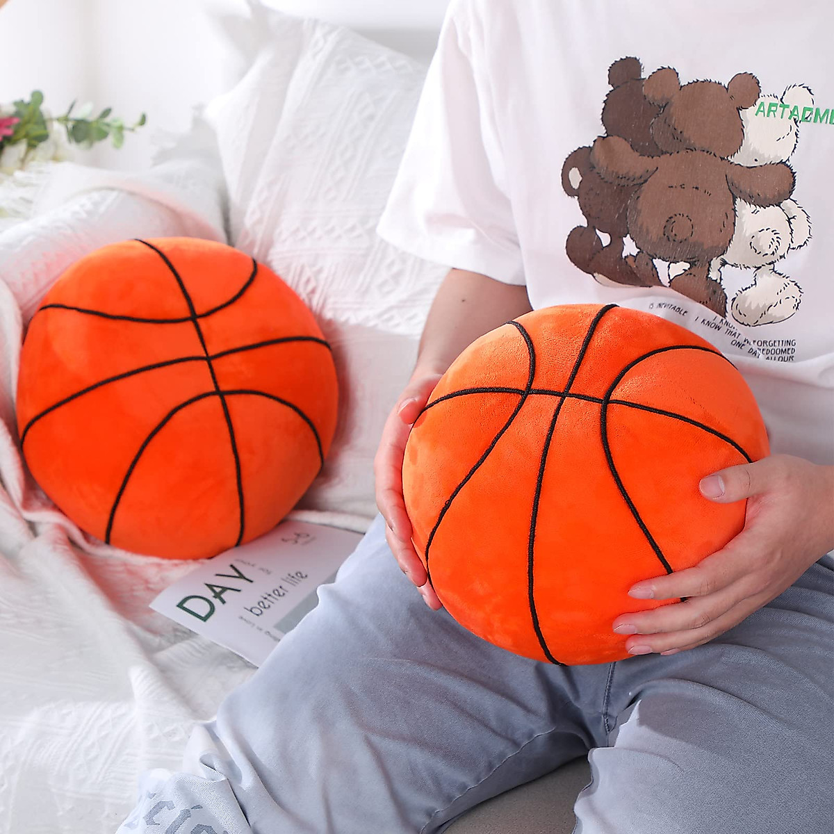 HyDren 2 Pcs Plush Baseball Football Basketball Rugby Pillow Soft Fluffy Sports Stuffed Throw Pillow Cute Ball Cushion for Bedroom Nursery Room Decoration(Basketball, 8.7 Inch)