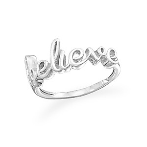 AzureBella Jewelry Sterling Silver Believe Ring Script Cursive Writing, Size 8