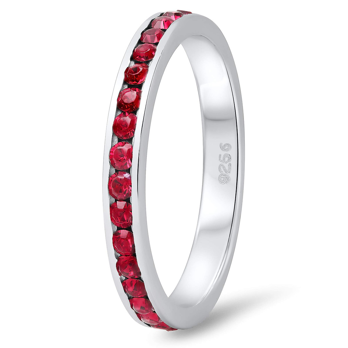 .925 Sterling Silver Simulated Ruby Red Stackable CZ Eternity Band, Size 7 + Cleaning Cloth
