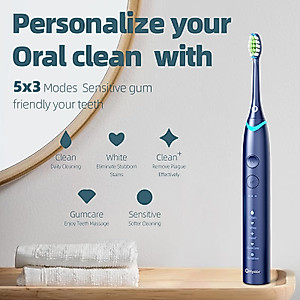 Hyslor Electric Toothbrush, Sonic Electric Toothbrush for Adult, 330 Days Use on One Charge, 5 Modes 3 Intensity Levels, Pressure Sensor, 2 Minute Timer, 30 Second Interval, Smart Memory Mode, IPX7