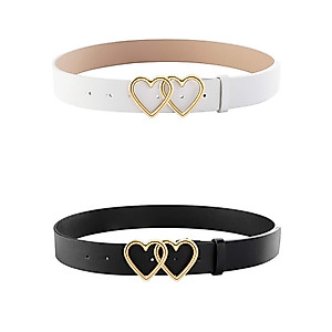 Ayliss Women Leather Waist Belt Fashion Casual Jeans Belt with Double Heart Shape Buckle Dress Pants (Black and White)