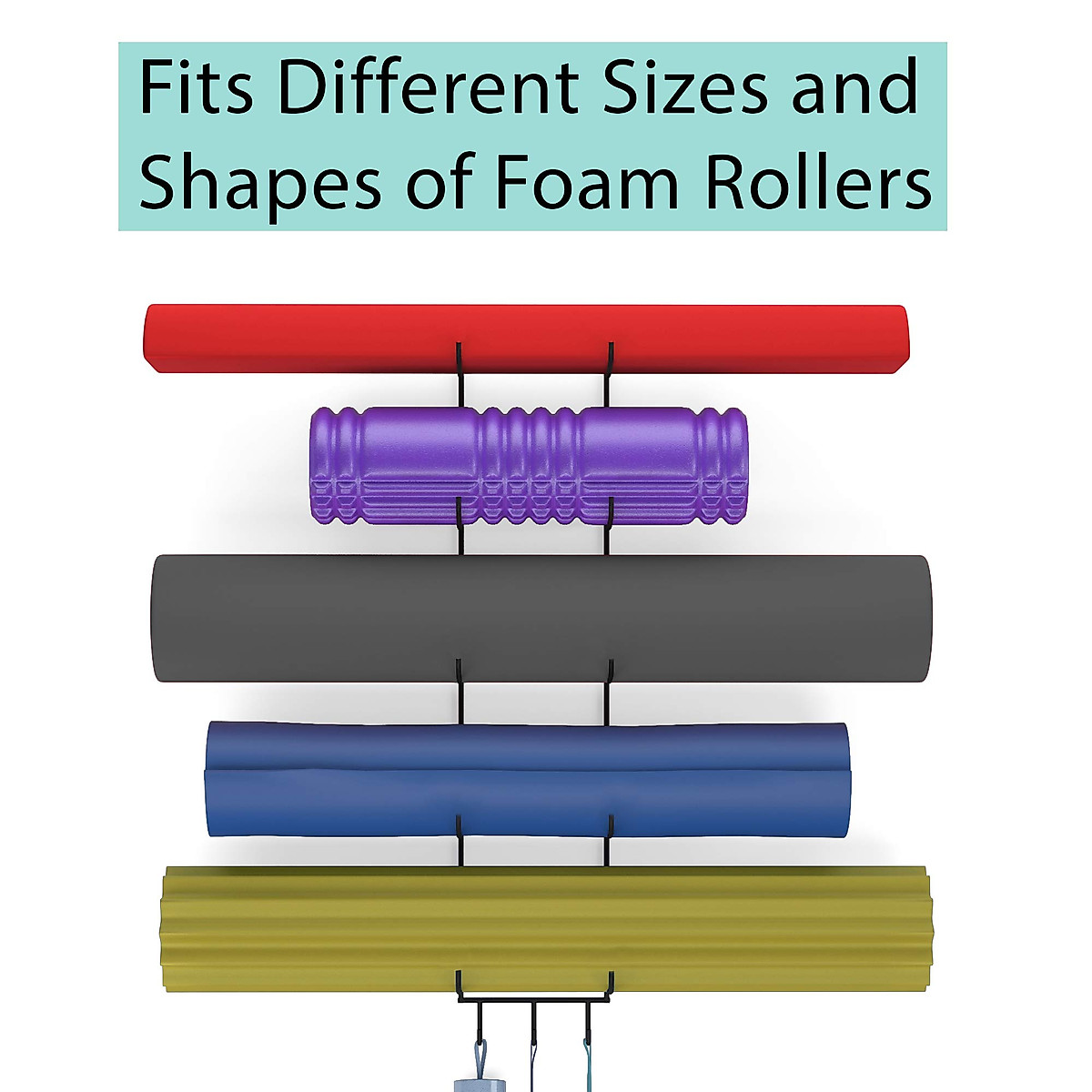 Wallniture Guru Foam Roller & Yoga Mat Holder Wall Mount with 3 Hooks for Hanging Yoga Strap, Resistance Bands, 5-Sectional Metal (Black)