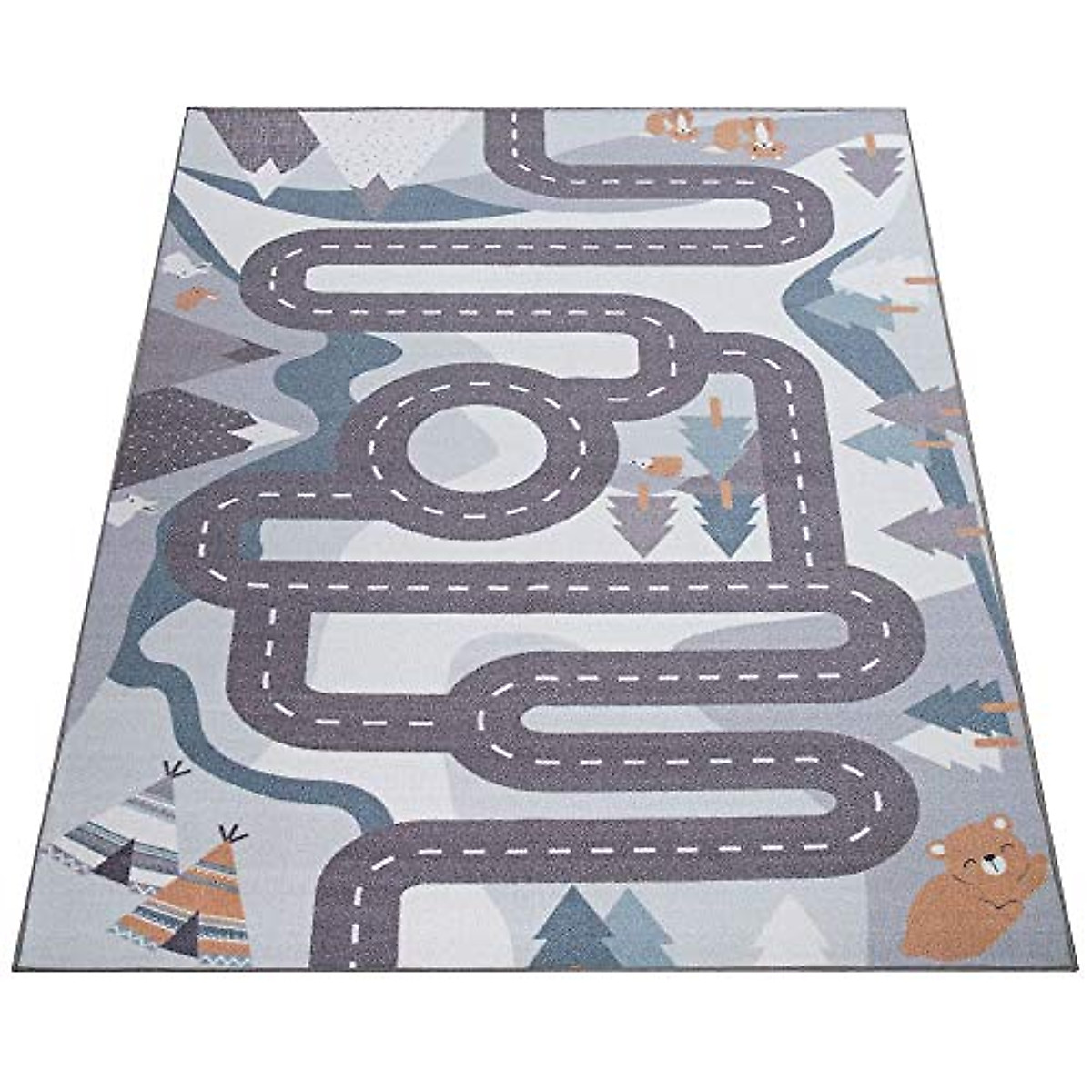 Kids Rug Play Mat Mountain Road with Bears & Trees for Playroom in Blue , Size: 2'8" x 4'11"
