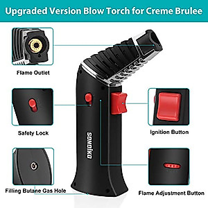 Sondiko Creme Brûlée Torch S928, Kitchen Torch Lighter with Rotatable Torch Head, Safety Lock, Adjustable Flame for Creme Brulee, BBQ, Dab(Butane Gas Not Included)