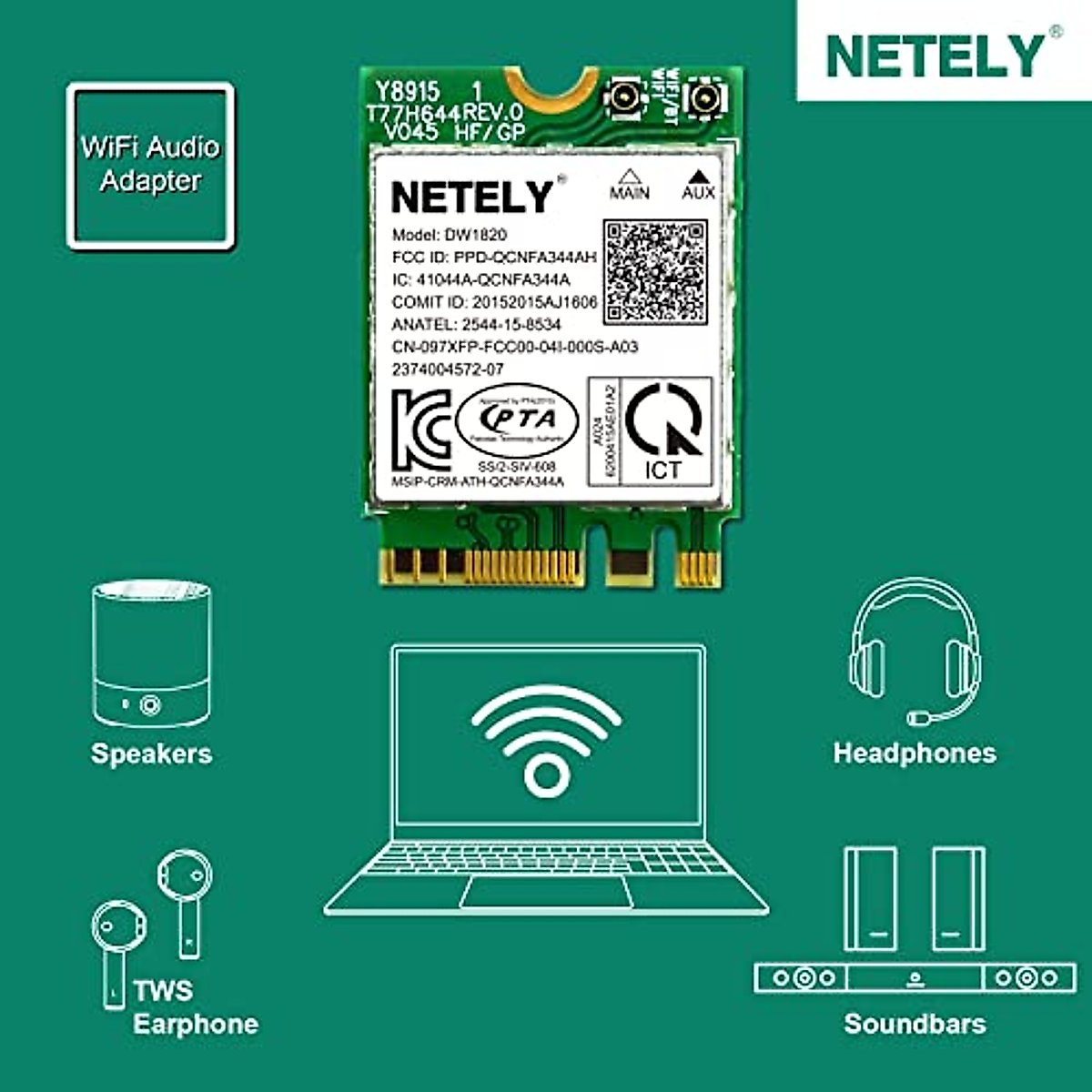NETELY IEEE 802.11AC NGFF M2 Interface 1200Mbps Dual Band WiFi Adapter for Laptop PCs, NGFF M2 WiFi Card with Bluetooth 4.2, OEM DELL Wireless Network Adapter DW1820