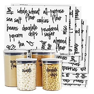 Talented Kitchen 157 Pantry Labels for Food Containers, Preprinted Clear Kitchen Food Labels for Organizing Storage Canisters & Jars, Black Script + Numbers Stickers (Water Resistant)