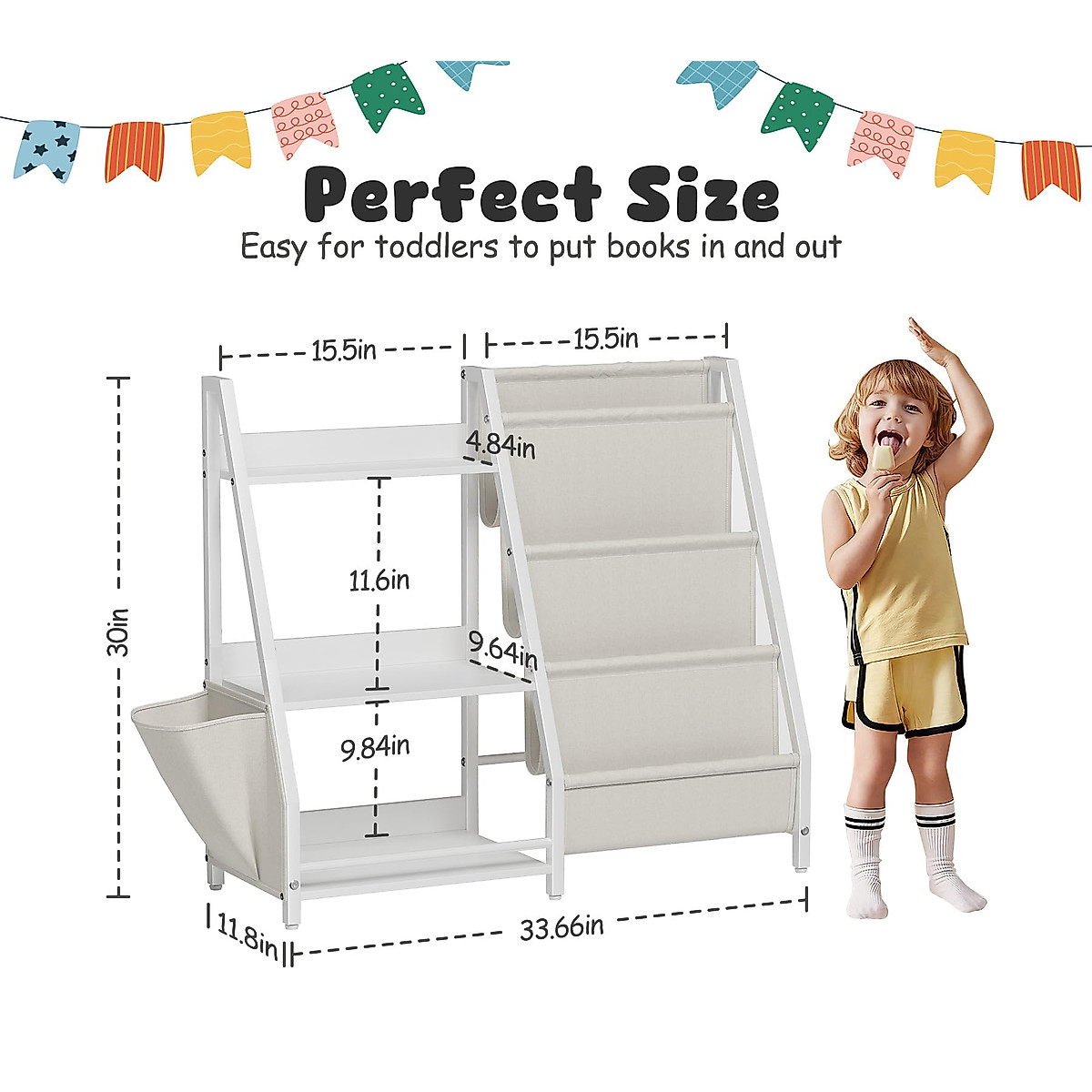 Kids Bookshelf and Toy Storage Organizer, 2 in 1 Montessori Toddler Book Shelf for Kids Rooms, Nursery Bookcase, Easy Assembly, Includes Extra Side Pockets 11.8" D x 33.4" W x 29.5" H (White)