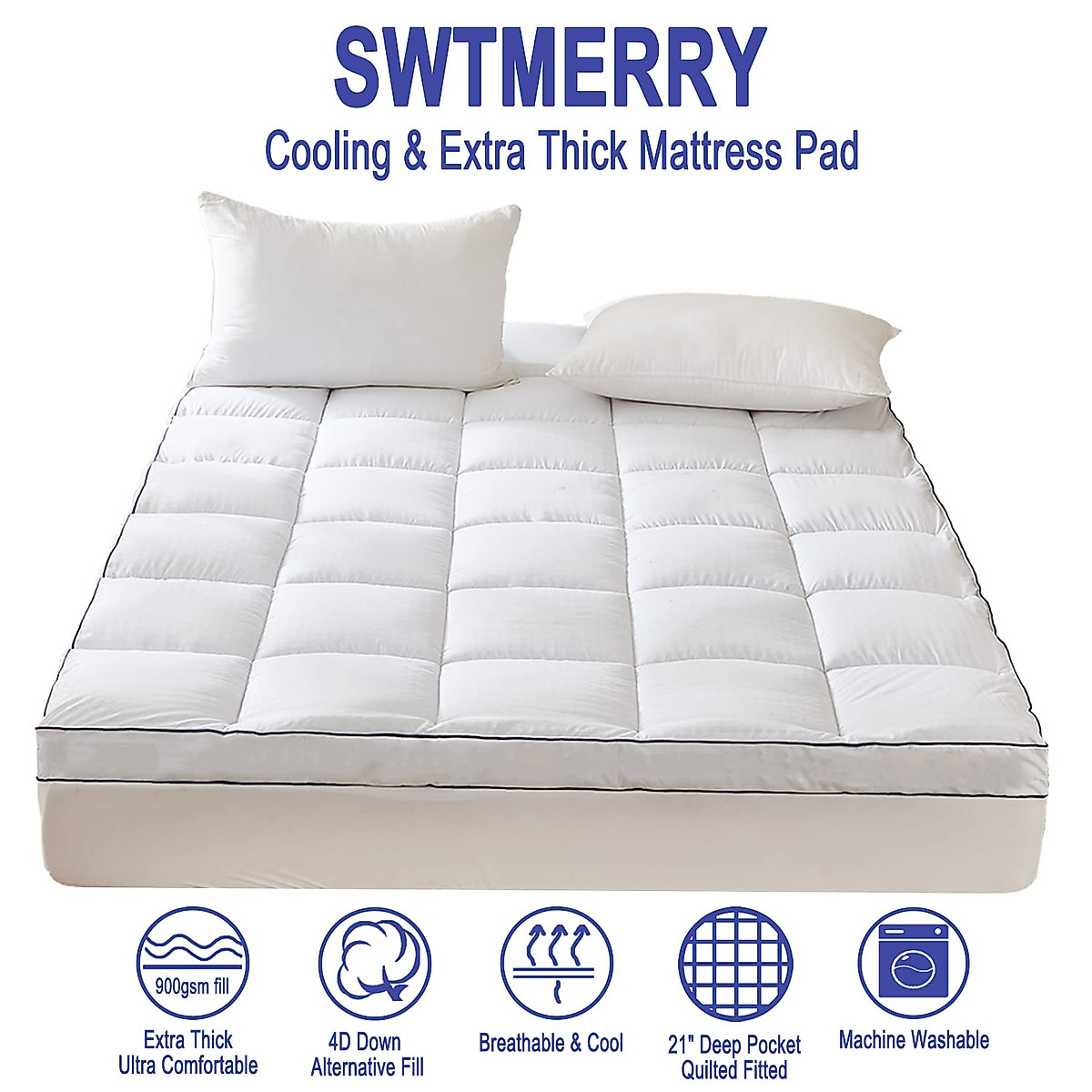 SWTMERRY Queen Size Mattress Pad Topper - Extra Thick Quilted Fitted Mattress Protector Pillow Cotton Top with 21" Deep Pocket for 8-24 inches Mattress,Soft and Breathable Bed Topper Cover