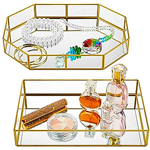 Kenning 2 Pcs Mirror Glass Tray, Metal Gold Perfume Tray Mirror Dresser Tray Ornate Perfume Organizer Decorative Jewelry Tray Makeup Tray for Vanity Bathroom Bedroom Home Decor (Octagon, Rectangle)