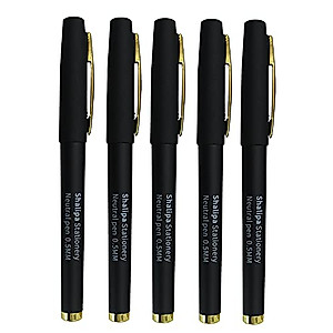 Shalipa Liquid Ink Rollerball Pens 5 Pack Black Roller ball pen 0.5mm ball pen Writing pen for students' office (Gold)