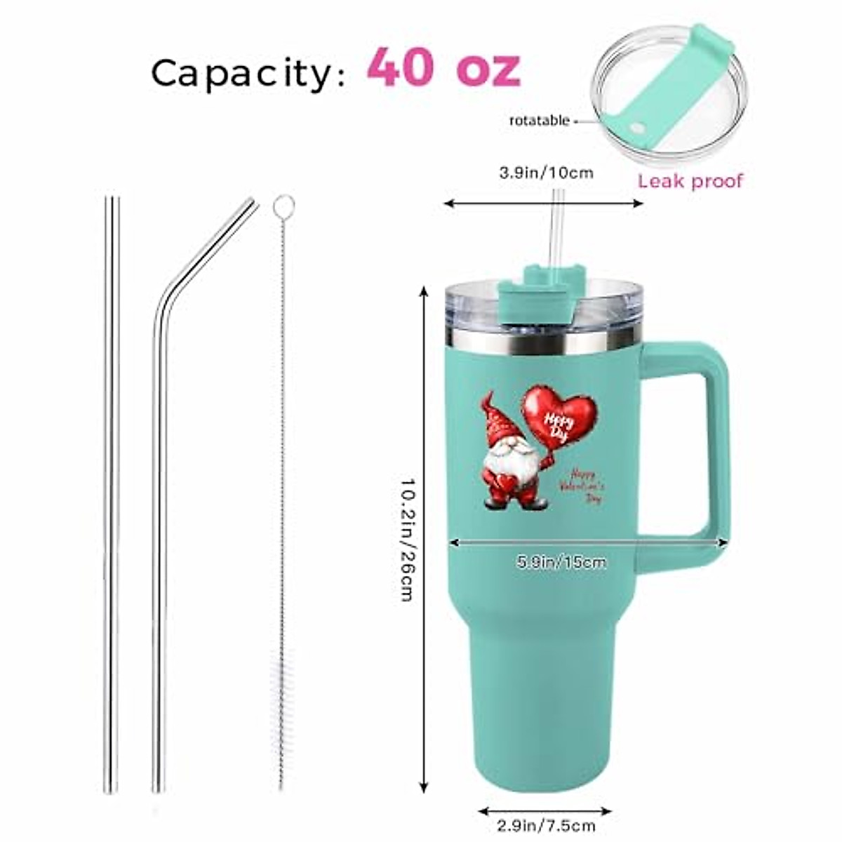 LB LEOBON 40 ounce insulated cup with handle, double-layer vacuum stainless steel material, equipped with straw, can keep warm or maintain cold drinks Valentine's Day Gnome B Lake Green