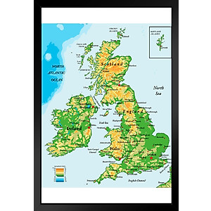 United Kingdom Ireland Scotland Topographical City Atlantic Ocean Map Black Wood Framed Art Poster 14x20