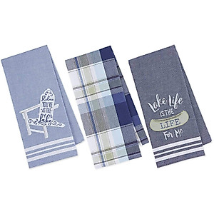2 Embroidered Lake Kitchen Towels with 1 Plaid Towel | Relax You're at The Lake, Plaid Print, Lake Life Decor Theme Towel Set