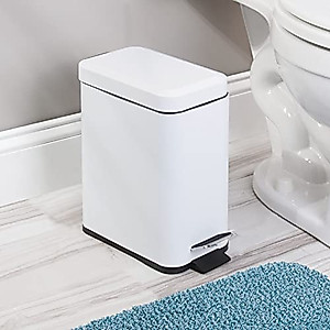 mDesign Small Modern 1.3 Gallon Rectangle Metal Lidded Step Trash Can, Compact Garbage Bin with Removable Liner Bucket and Handle for Bathroom, Kitchen, Craft Room, Office, Garage - White