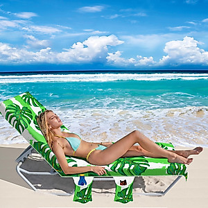 Ruikyhom Lounge Chair Towel Cover, Chaise Lounge Cover, Beach Chair Covers with 3 Pockets for Pool Sunbathing Beach Garden Courtyard Outdoor Trips, 85 x30 in, Green Leaves
