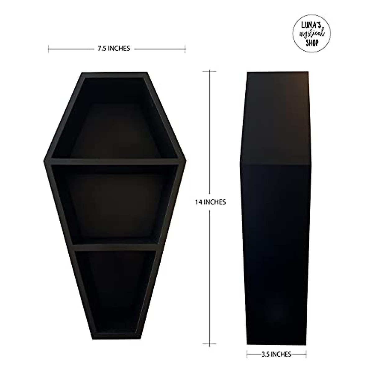 Luna's Mystical Coffin Shelf - Horror Gothic Decor - Black Floating Wooden Shelf for Wall or Table Top - Witchy Wall Decor- 14 Inches Tall by 7 Inches Wide